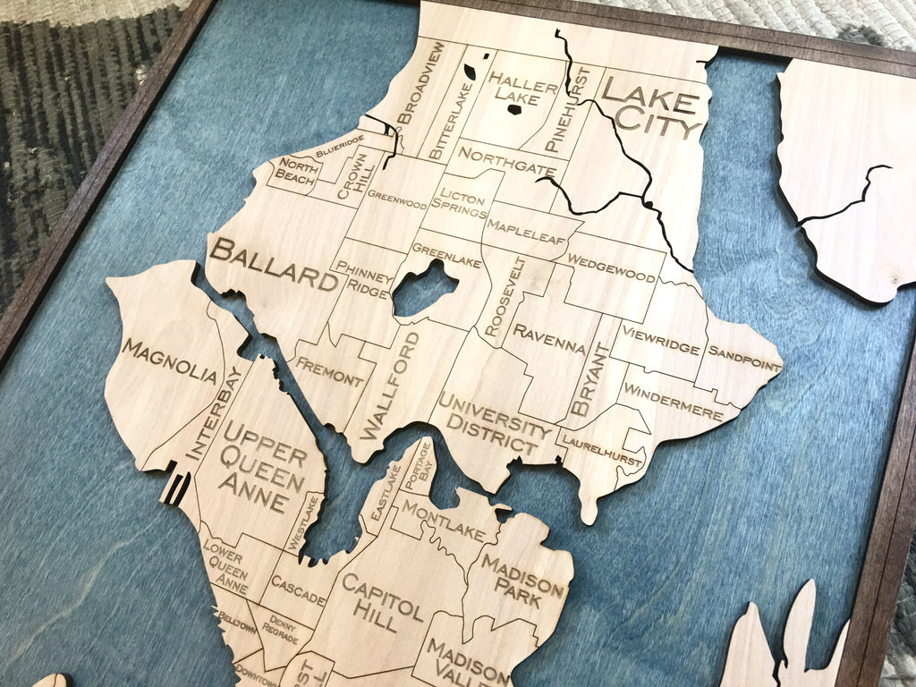 Seattle 3-D Wood Engraved Wood Map – North Idaho Made