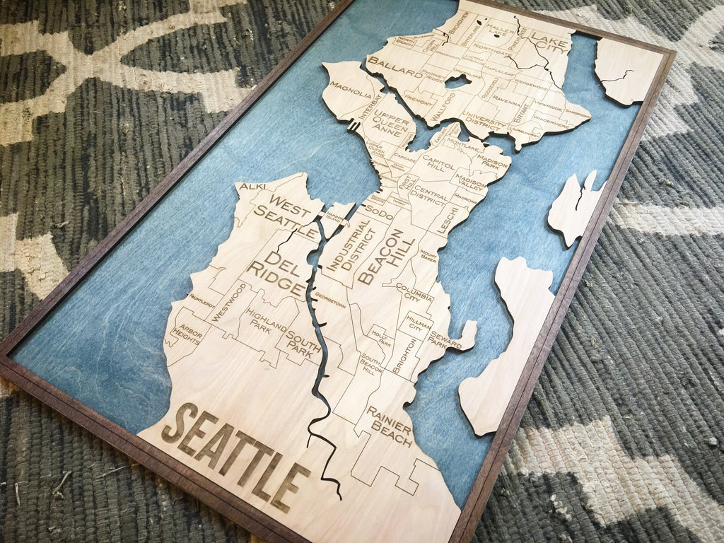 Seattle 3-D Wood Engraved Wood Map – North Idaho Made