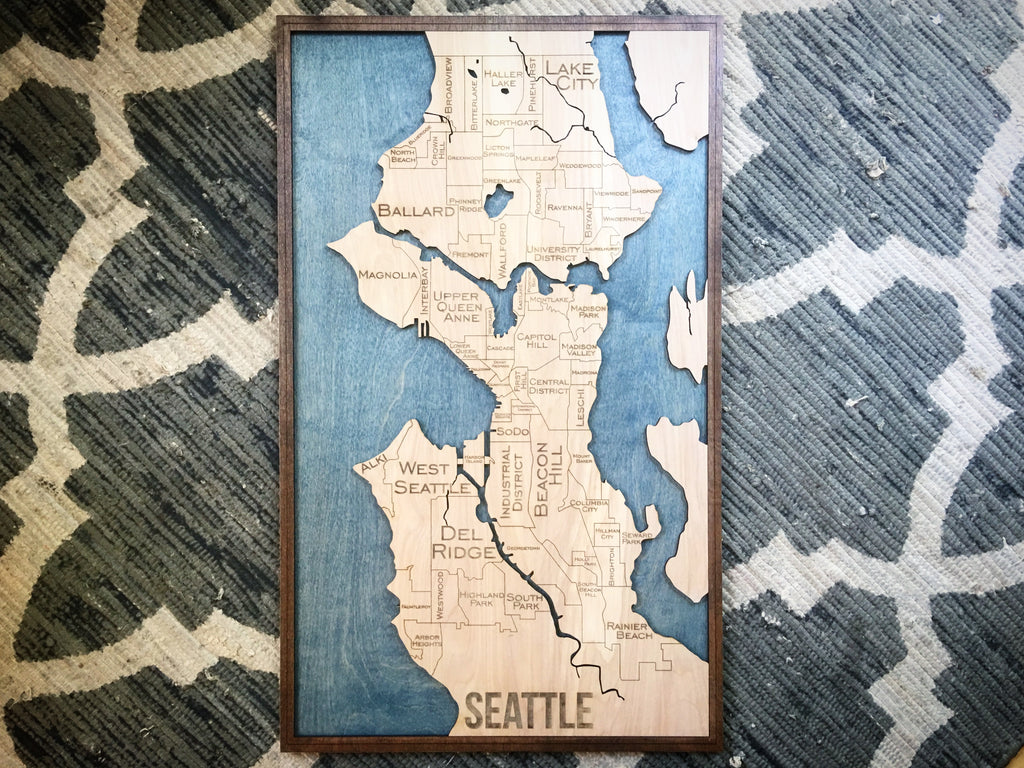 Seattle 3-D Wood Engraved Wood Map – North Idaho Made