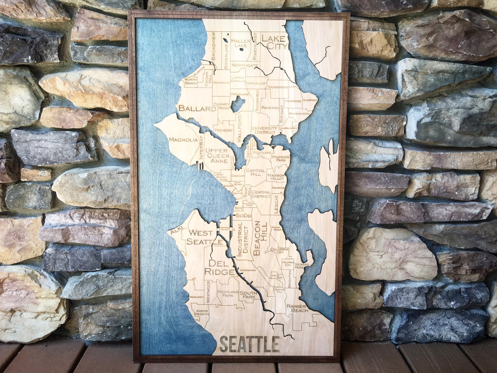 Seattle 3-D Wood Engraved Wood Map – North Idaho Made