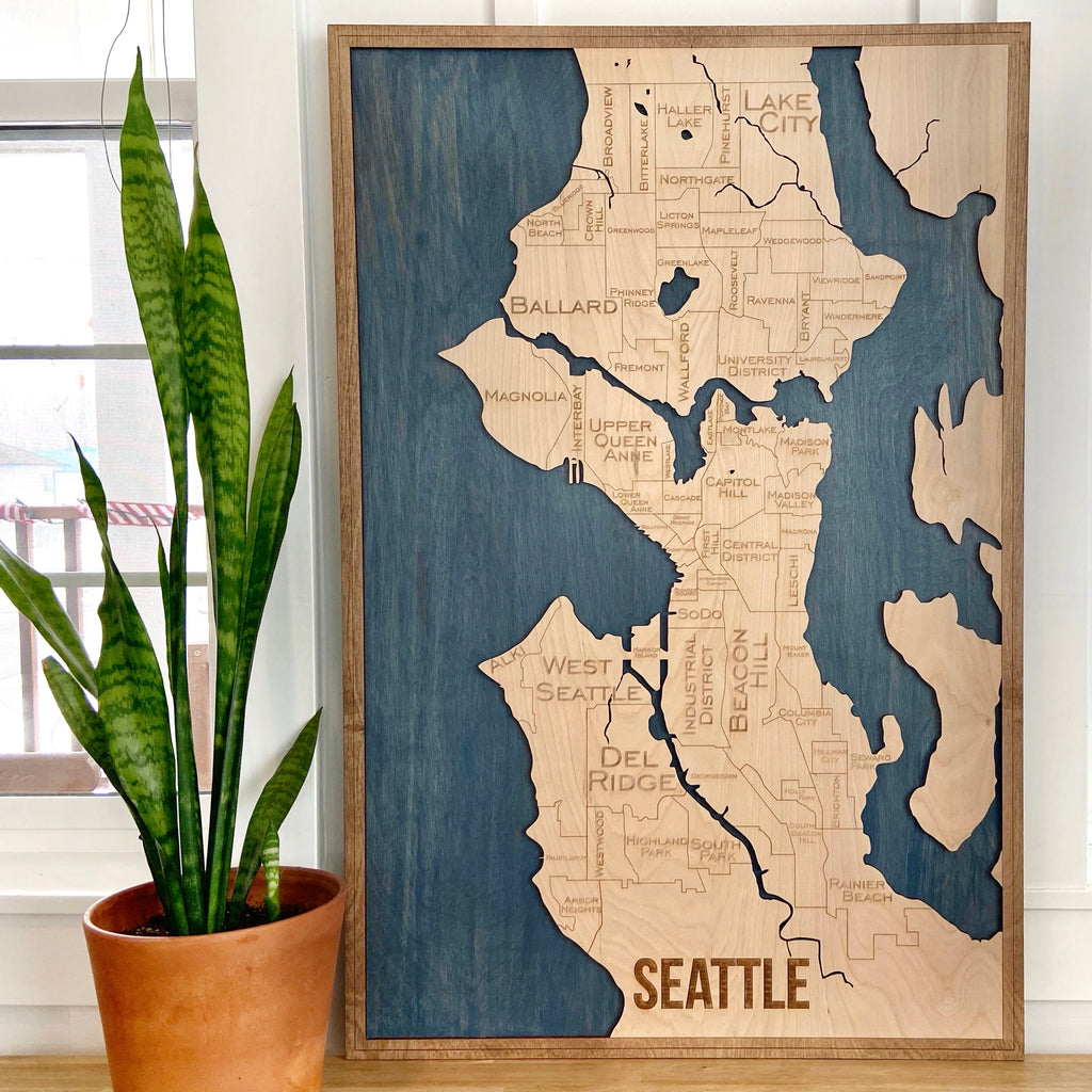 Seattle 3-D Wood Engraved Wood Map – North Idaho Made