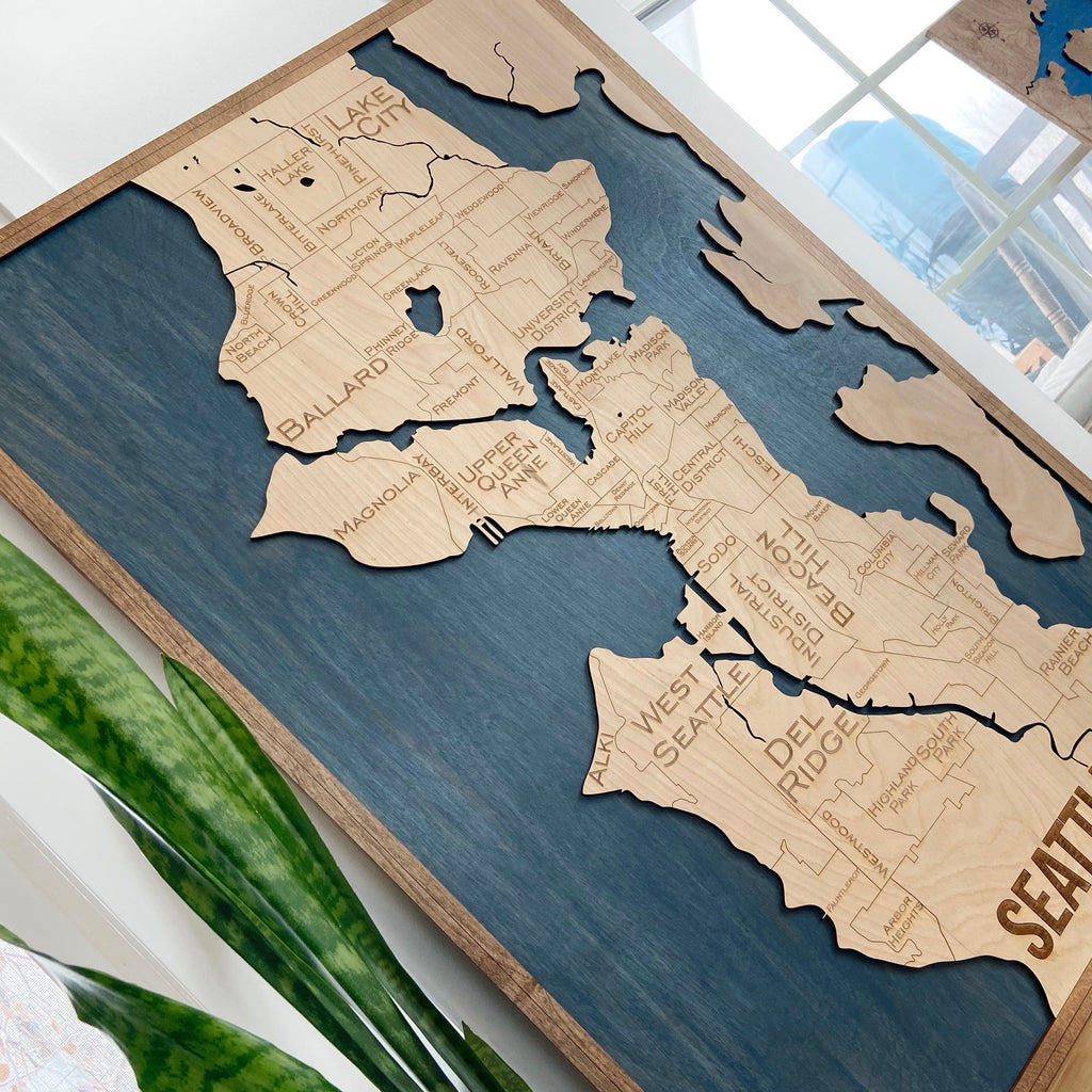 Seattle 3-D Wood Engraved Wood Map – North Idaho Made